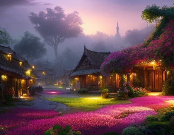 Insanely detailed photograph of a Sunset Magic Countryside Village ...