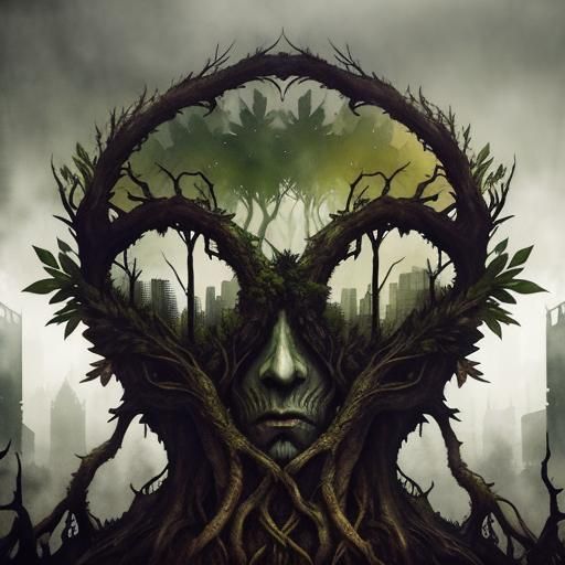 Double exposure photography of a creature made of roots, leaves. An ...