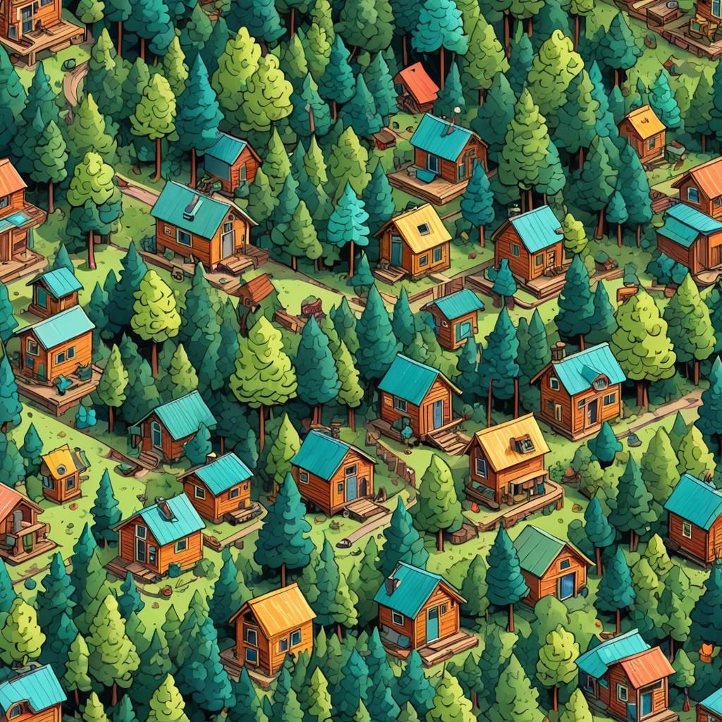 Group of tiny homes in the forest: vibrant hyperdetailed comic style illustration - AI Generated ...