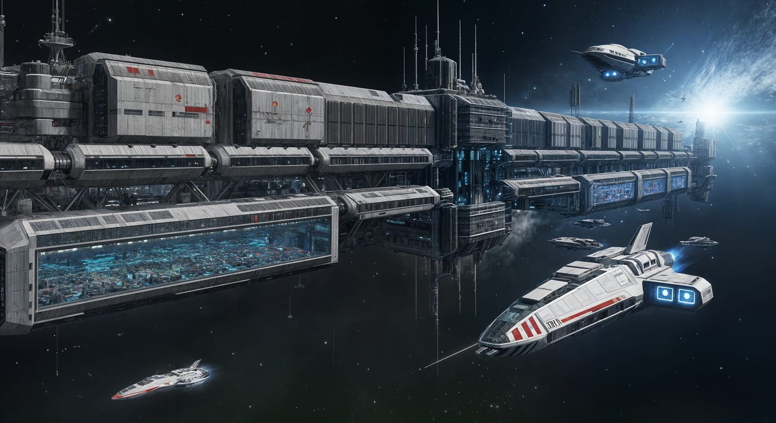 A futuristic space port facility hundreds of meters in length, with ...