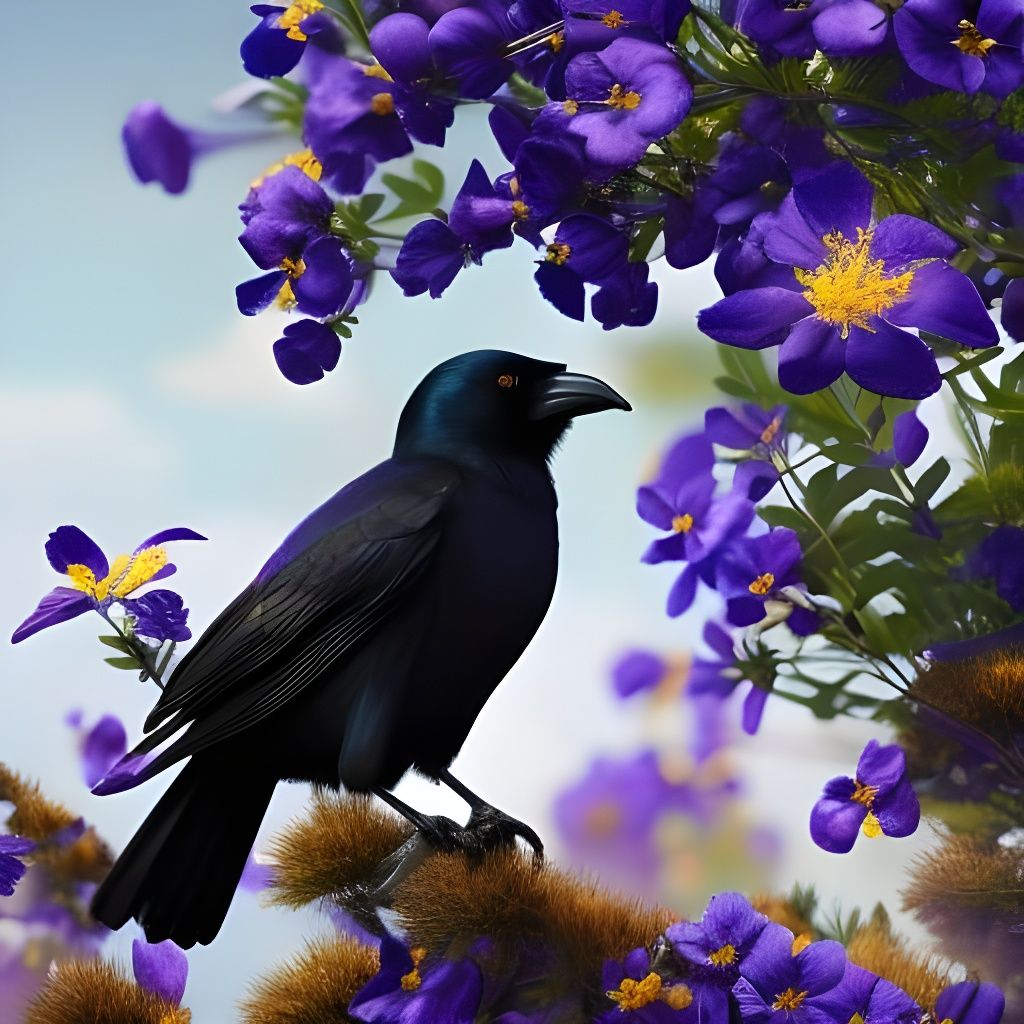 Small Crow Among the Flowers - AI Generated Artwork - NightCafe Creator