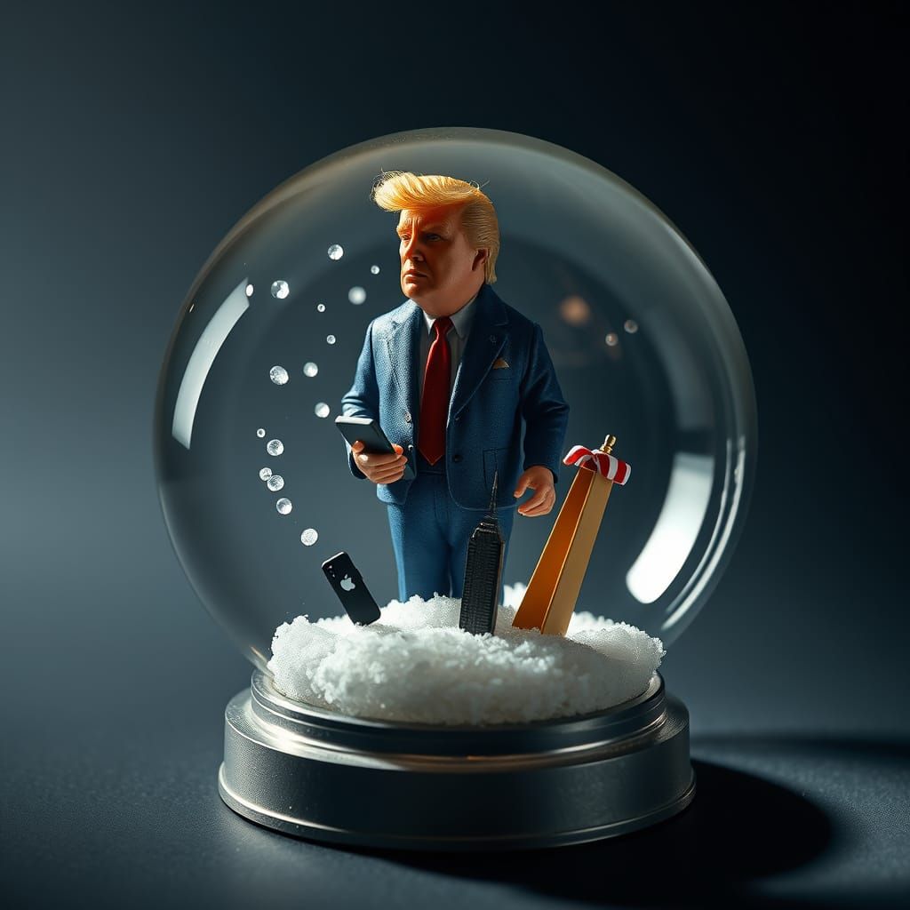Golden Snow Globe with Donald Trump Miniature in a... - AI Art