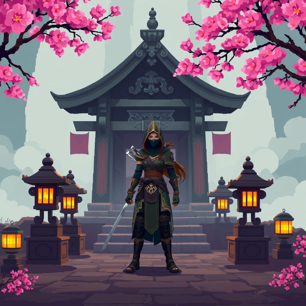 Ninja at Shrine Pixel Art - Stealthy Ninja at Serene Shrine ...
