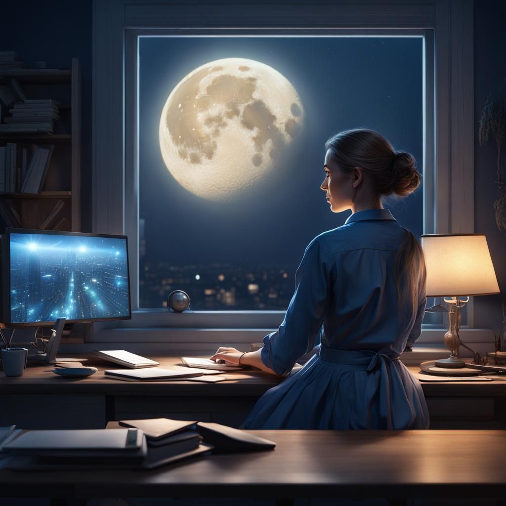 woman sitting at a desk, window to the left, night-time, blue shirt ...