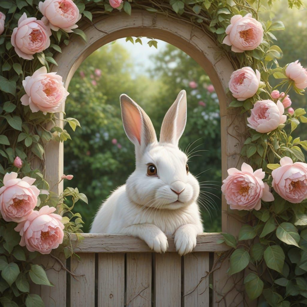White Bunny at the Gate! - Rabbit in Enchanted Garden: Water...