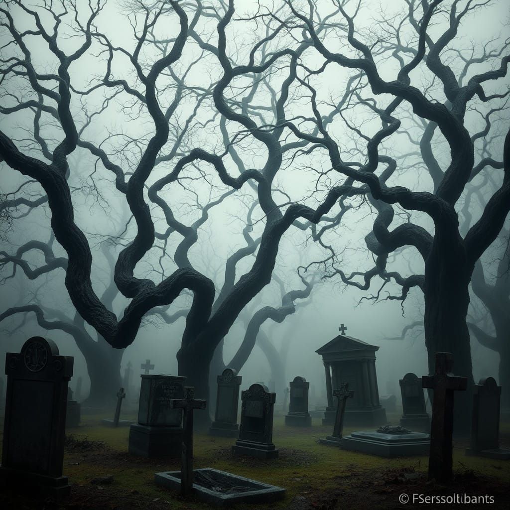 A graveyard. Misty. Spooky. Creepy. Eerie. Twisted trees.