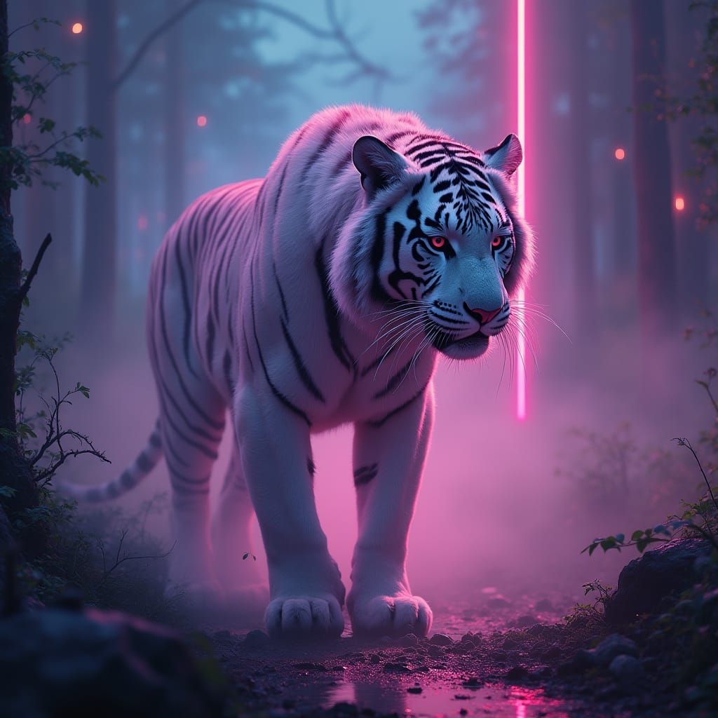 Surreal Tiger in Neon-Lit Sci-Fi Landscape - AI Art
