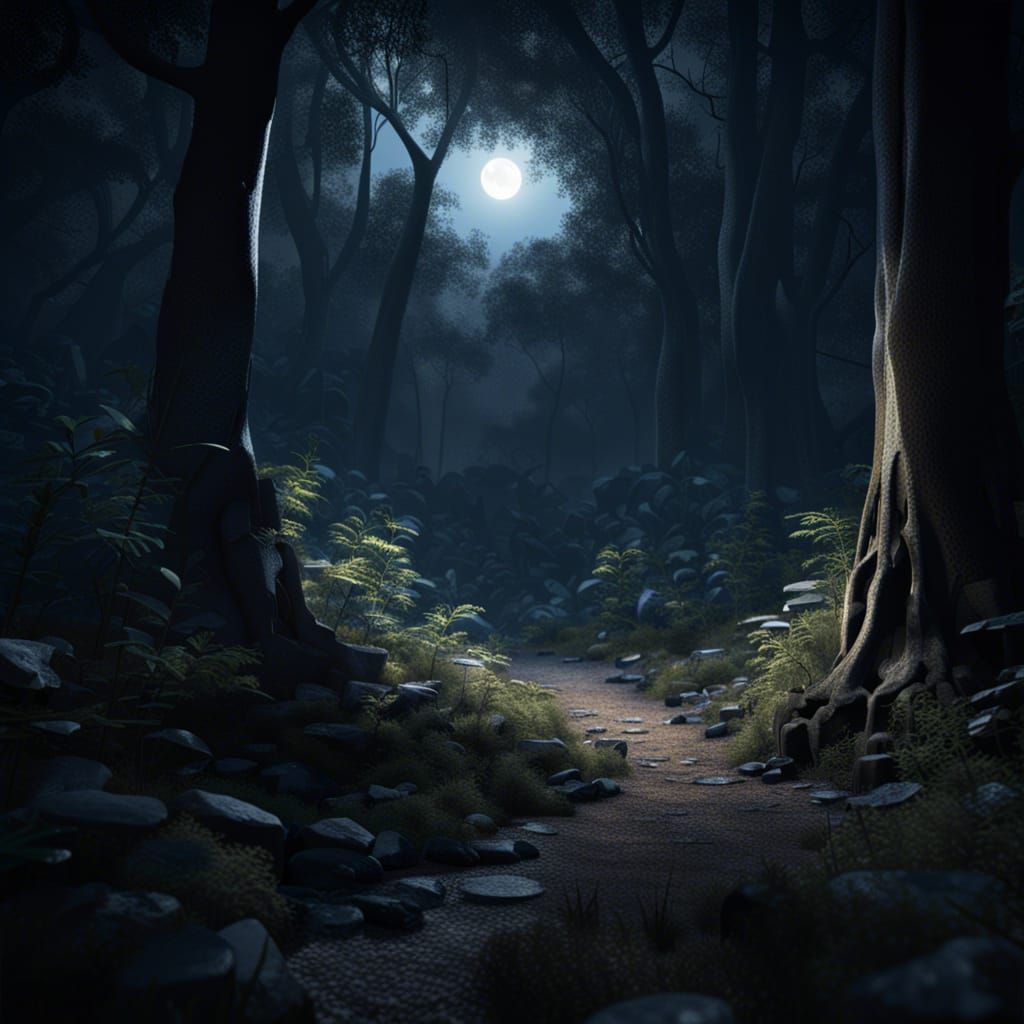 "Render a hyper-realistic moonlit forest, where the ethereal moonlight ...
