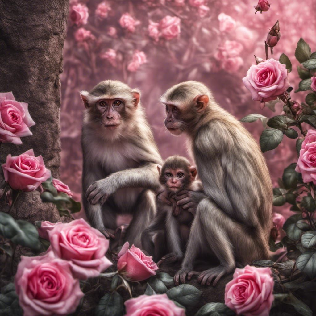 monkeys feeding kittens in pink jungle with lots of roses - AI Generated Artwork - NightCafe Creator