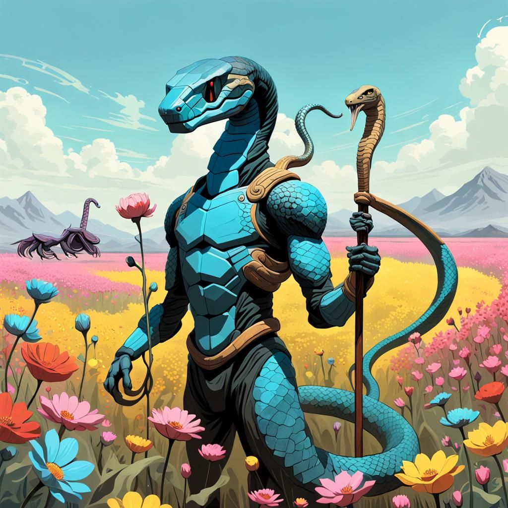 Mythical Cobra Sage Reigns Over Vibrant Floral Rea... - AI Art