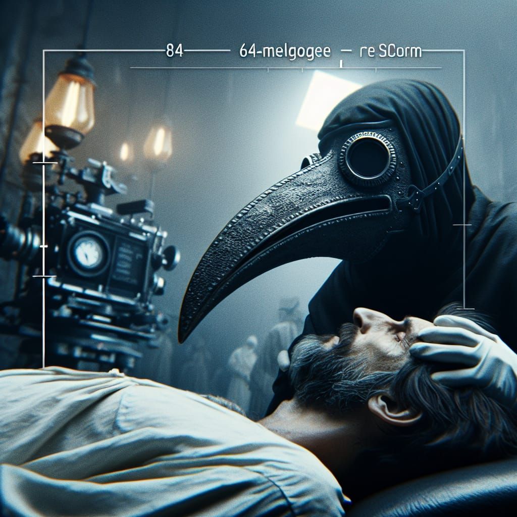 A plague doctor in a beaked mask presiding over a dying man, grim ...