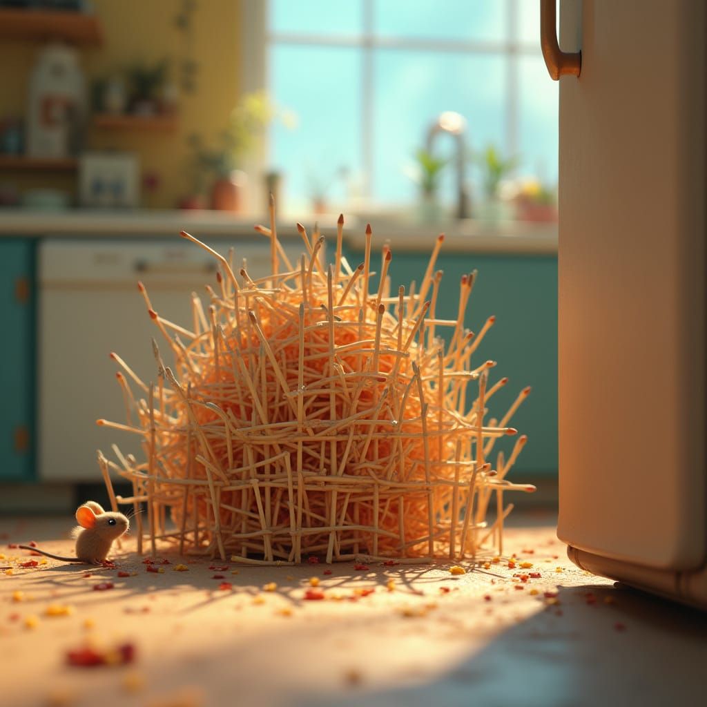 Miniature Mouse Builds Whimsical Toothpick Fort in... - AI Art