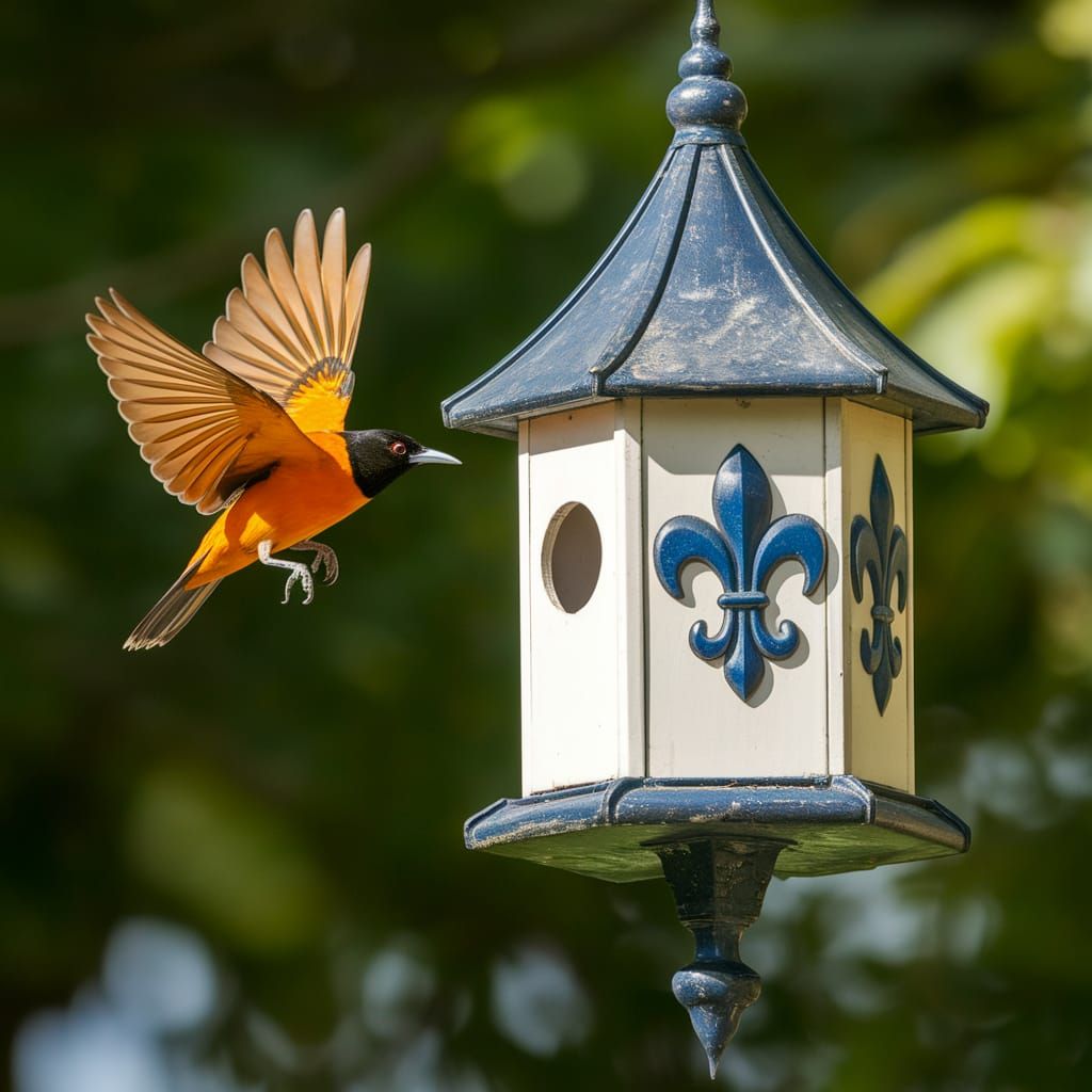 Male Oriole at birdhouse - Baltimore Oriole Flying Near Fle...