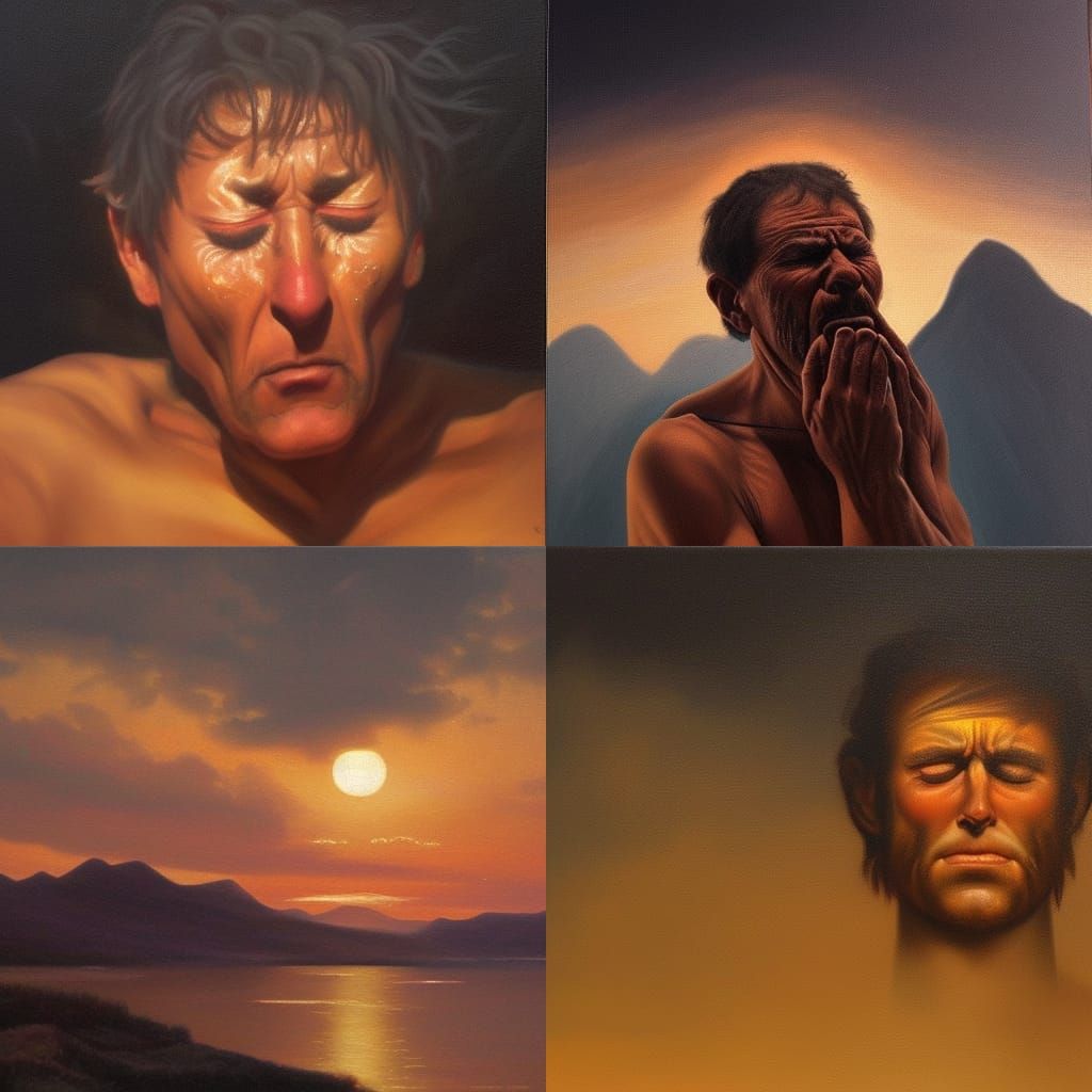 ancient man crying with eyes closed, dark sunset with dull colors, dull ...