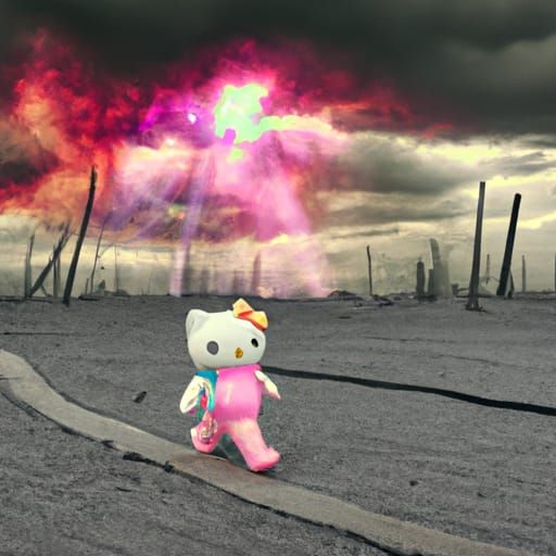Hello Kitty humanoid walking over scorched, dystopian earth with Aurora ...