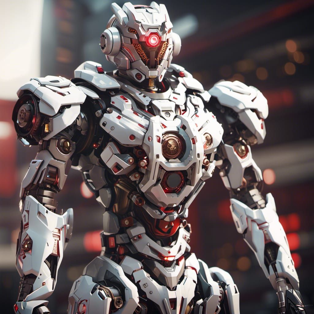 Mecha Men Curly short brown hair and white skin, and in his mecha armor ...