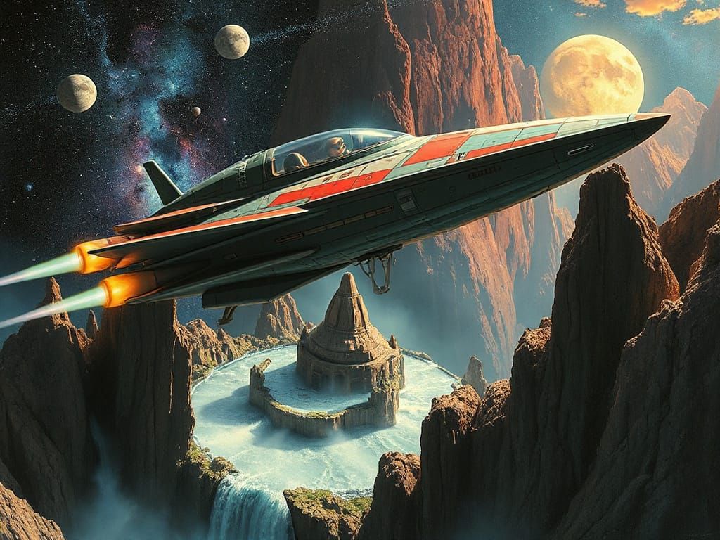 retrofuturistic starship hovering over pulp novel ... - AI Art