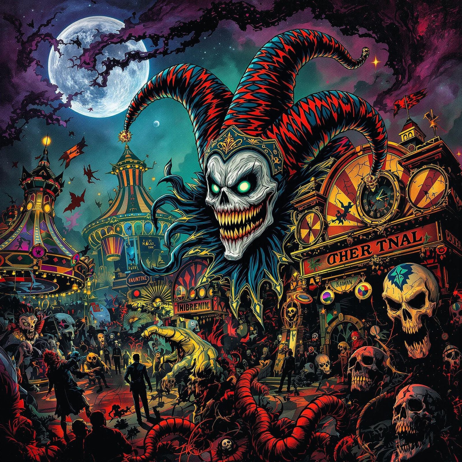 A darkly whimsical Jester at a haunted carnival. eldritch ominous Tim Burton Dan Mumford art ...