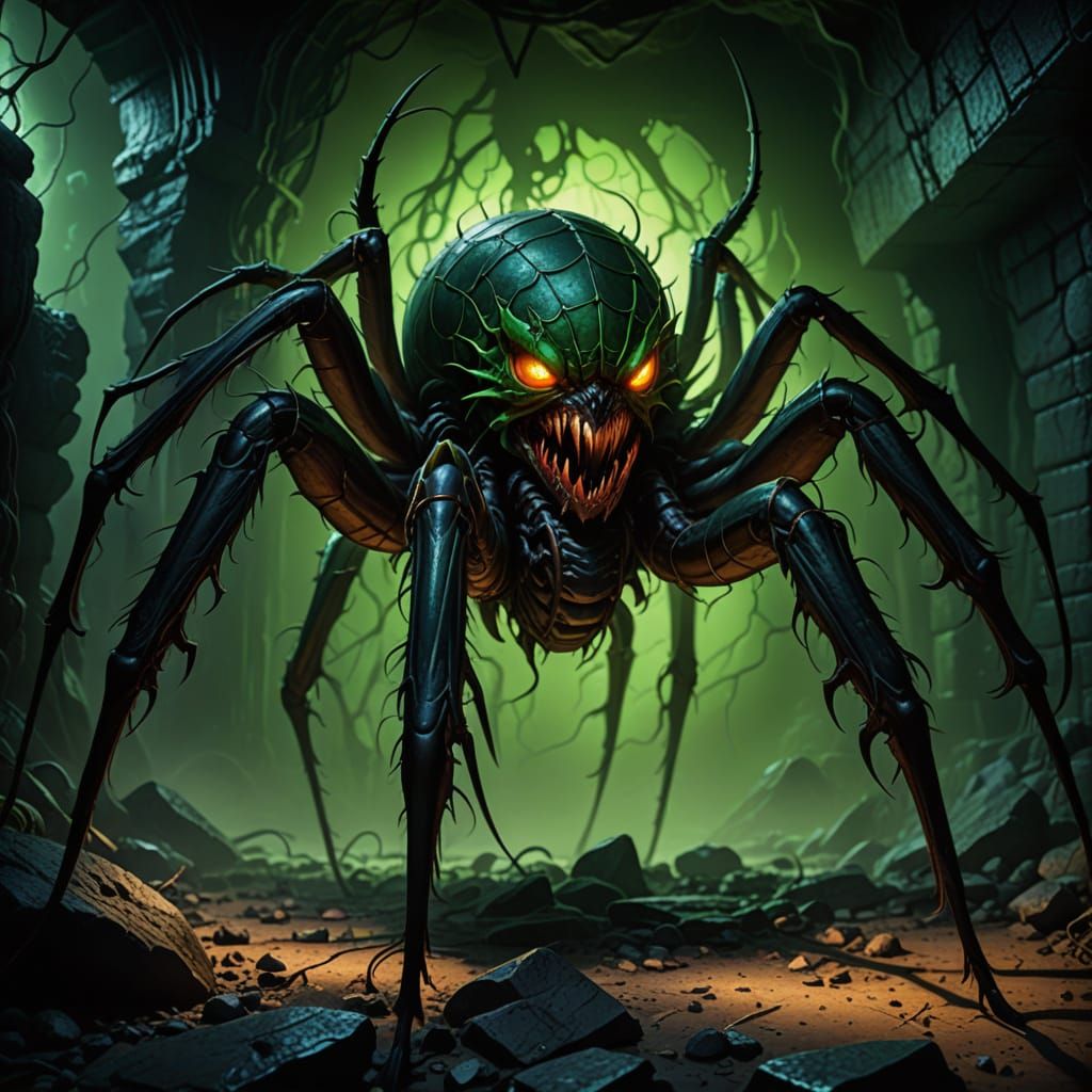 Biomechanical Horror Spider Terrorizes Dark Cave - AI Art