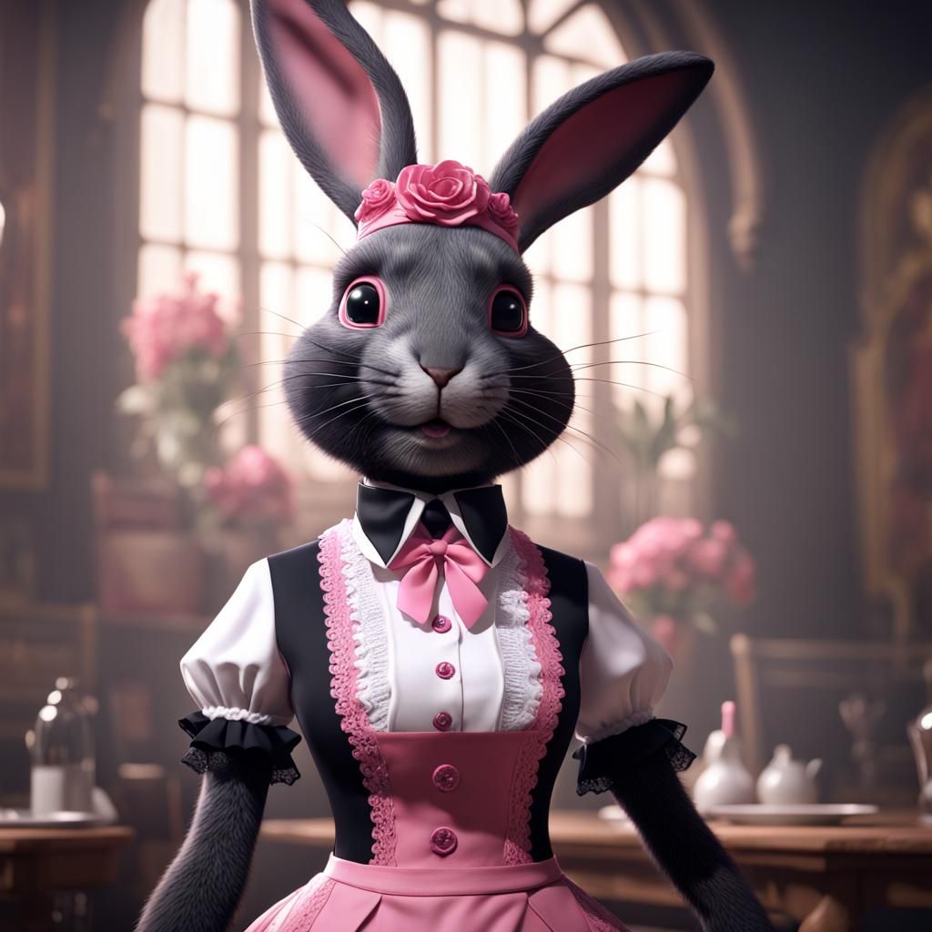 a black and pink anthropomorphic female rabbit wearing a lace French ...