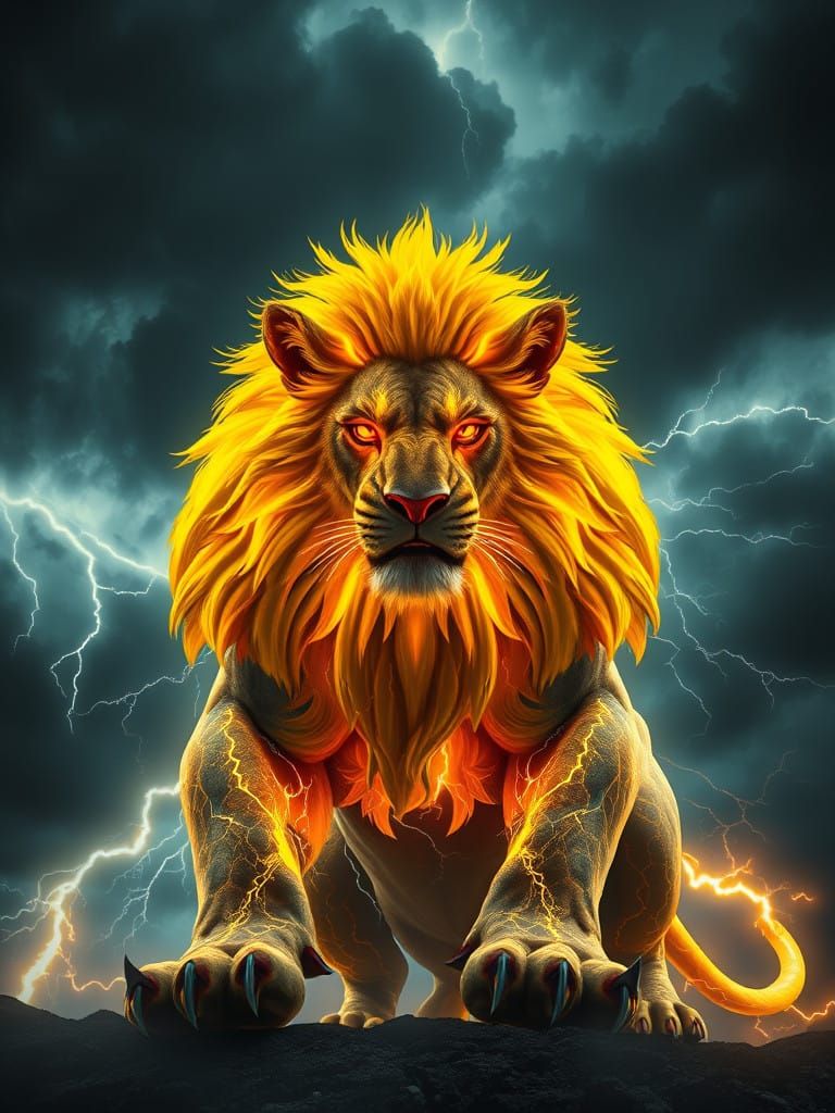Visualize a colossal, mythical creature that resembles a lion infused ...