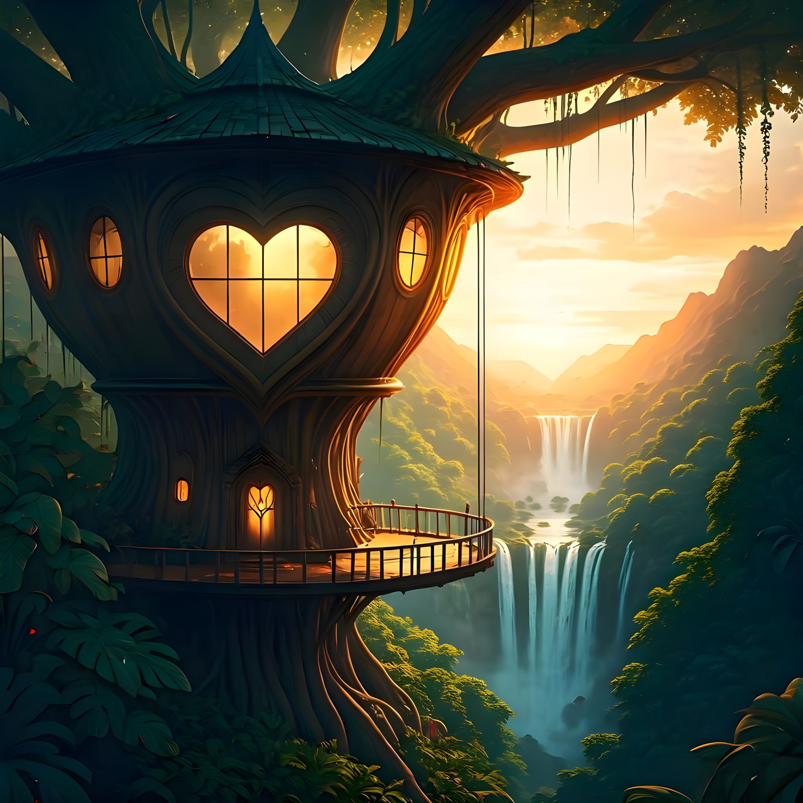 Inside treehouse, large heart window to lush waterfall jungle, dazzling ...