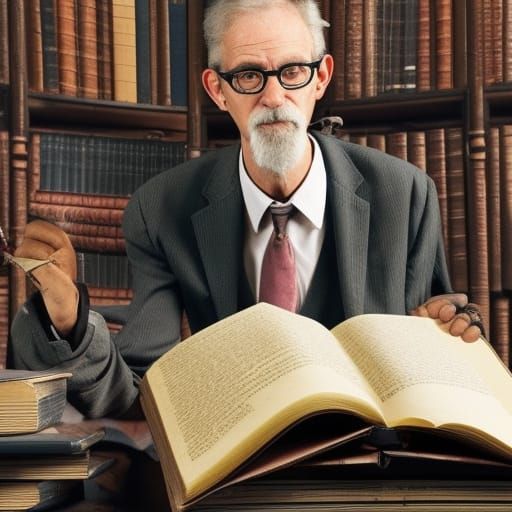 bespectacled, middle-aged, lanky professor reading an old book, strict ...