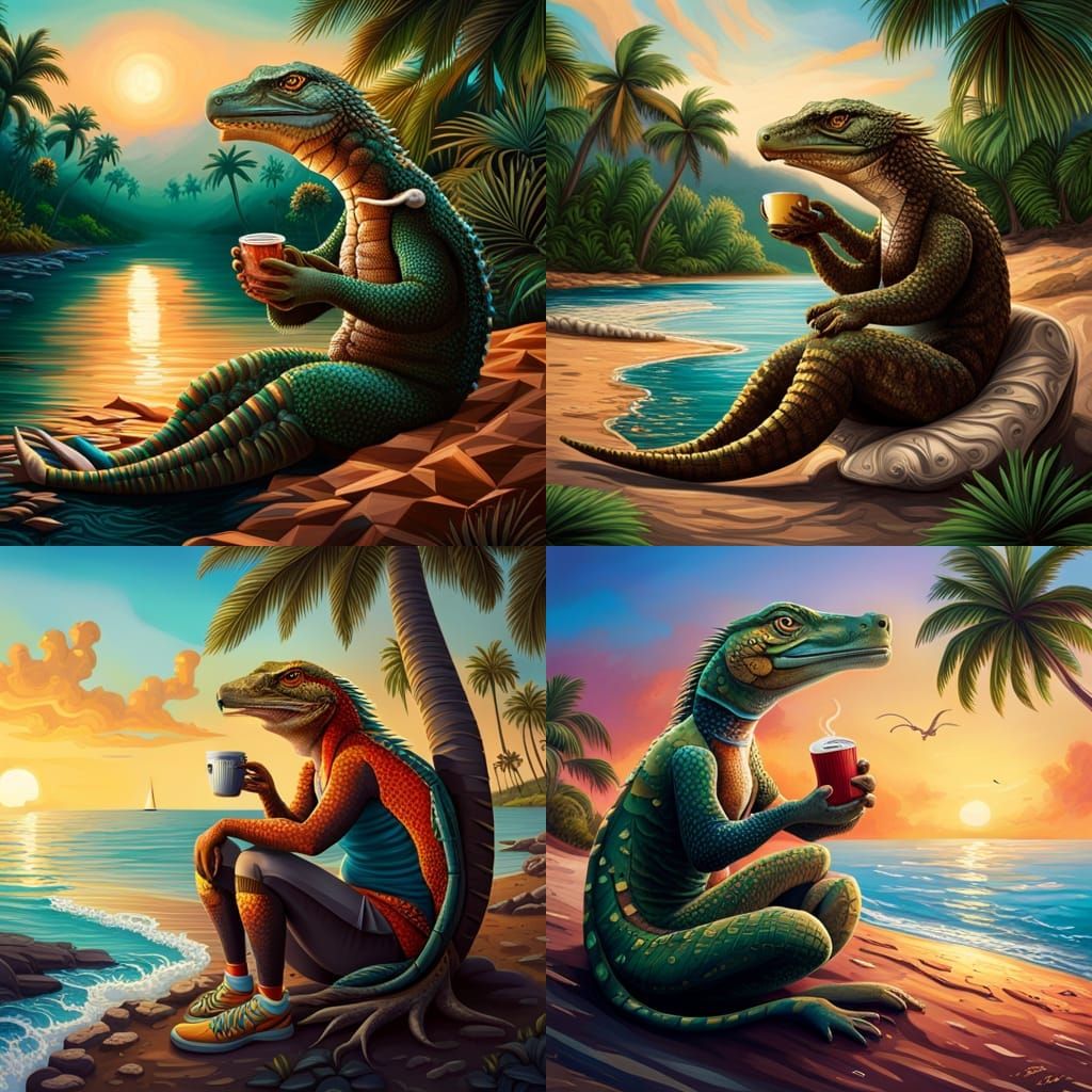 an insanely detailed photograph of an anthropomorphic goanna drinking ...