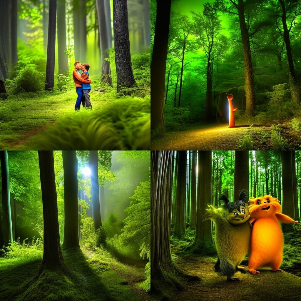 The onceler and the Lorax hugging in the forest with fireflies - AI ...