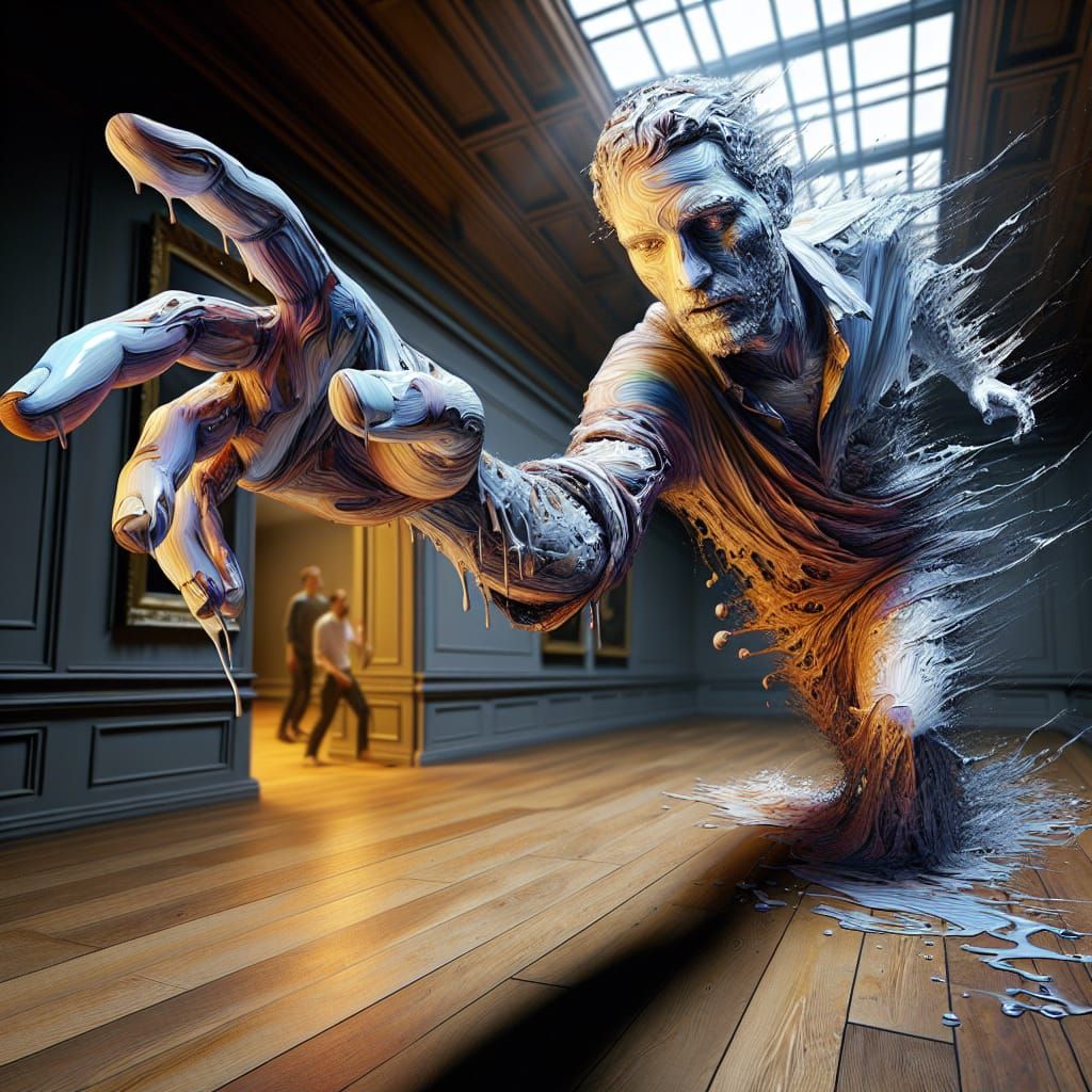 Escaping - A Figure Breaks Free from the Canvas in a Gallery...