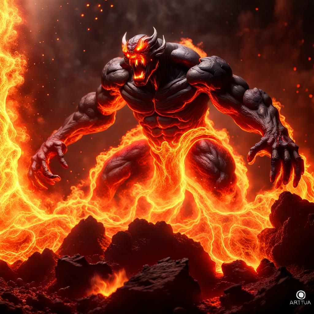 Raging, burning Balrog, hell, lava, fire element, red, orange, yellow ...