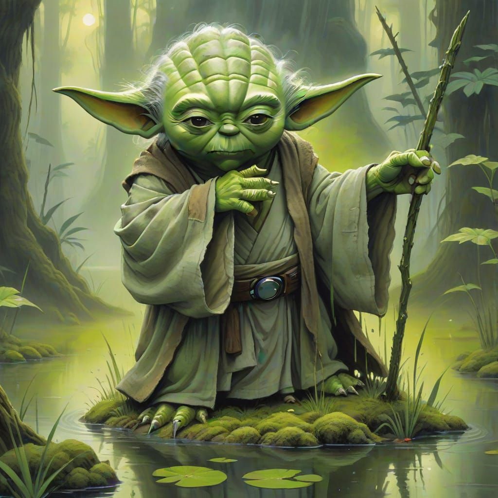 Yoda - Yoda in Swamp: Gouache Fantasy Art