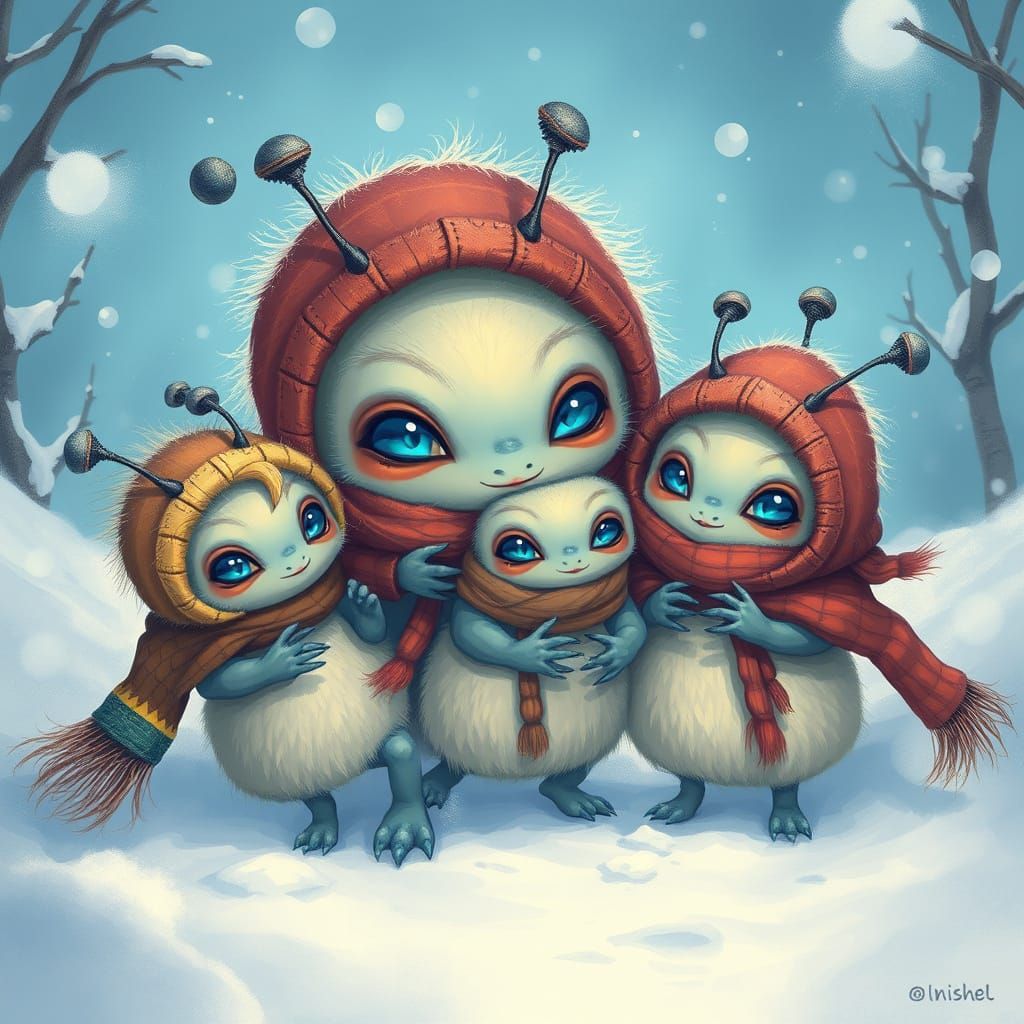 Alien Family Winter Scene in Vibrant Digital Art - AI Art