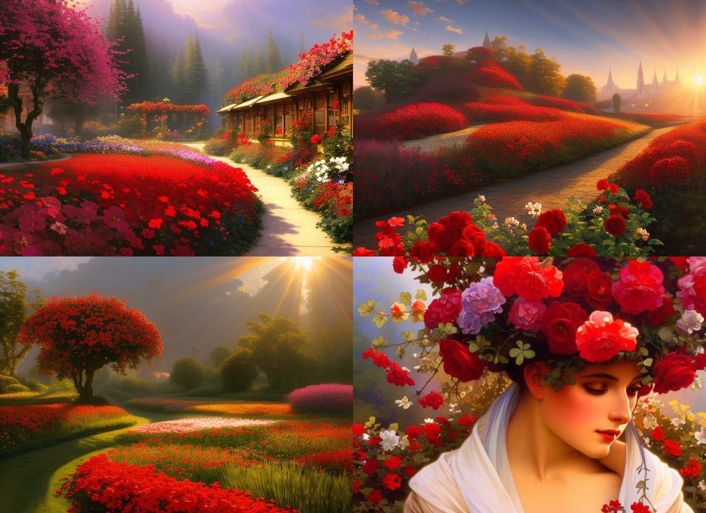 Red flowers and ribbons, Alphonse Mucha WLOP Thomas Kinkade ...