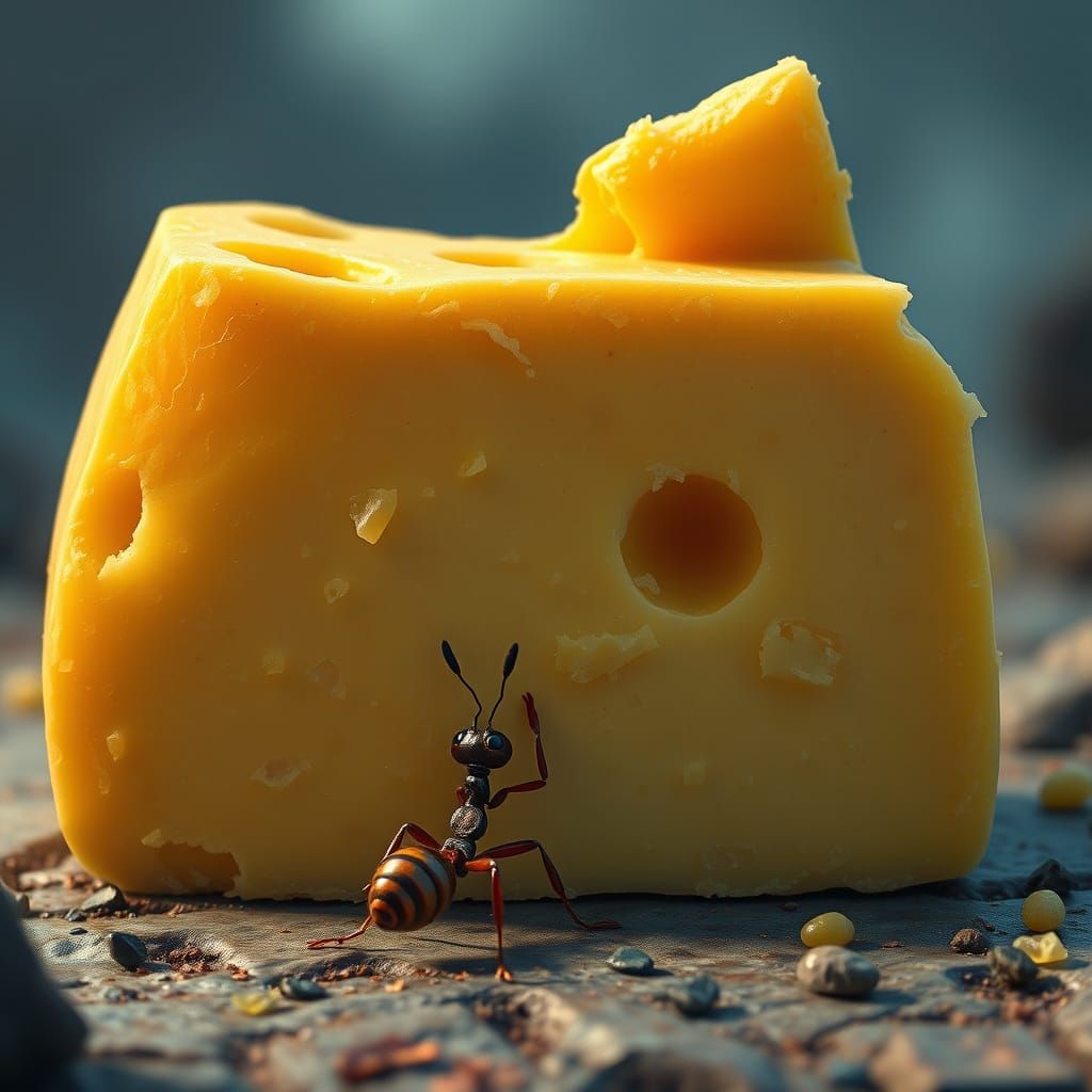 a tiny ant stands before a large piece of cheese