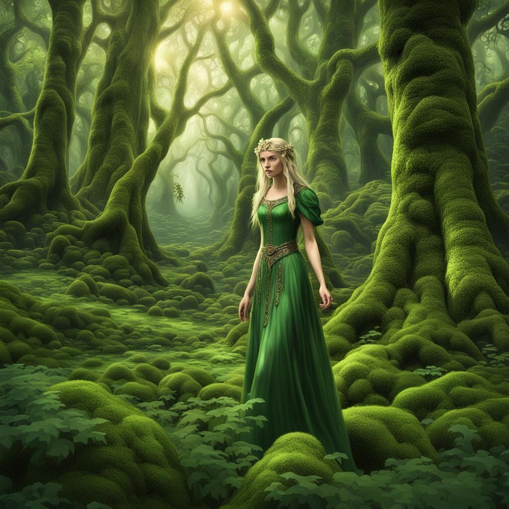 A beautiful blonde elf maiden in a shimmering green dress strolling ...