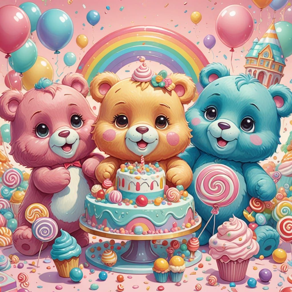 Whimsical Care Bears in a Colorful Candyland Party - AI Art