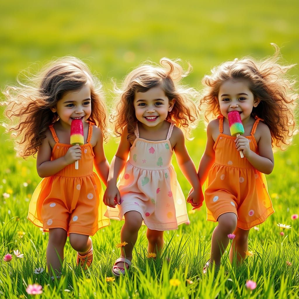 Three 3 year old girls walking on tall vivid green grass with long ...