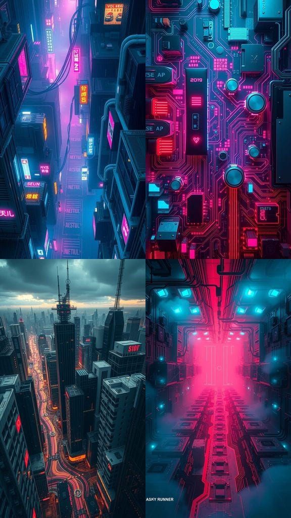 Top view of electric circuit cyberpunk 2099 blade runner 2049 neon