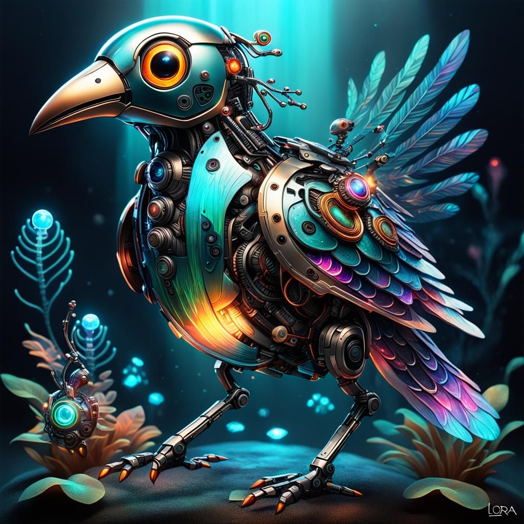 cyborg pets, like a robotic bird with iridescent feathers and a ...