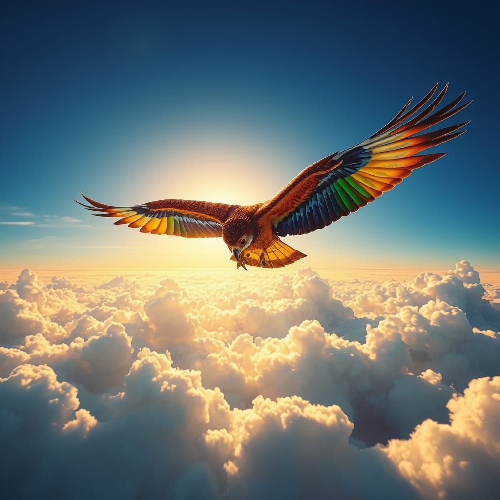 Majestic Rainbow Hawk Soars Above Ethereal Clouds ... - AI Art