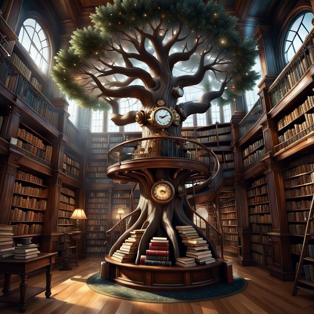 Steampunk Library Tree of Books - AI Generated Artwork - NightCafe Creator