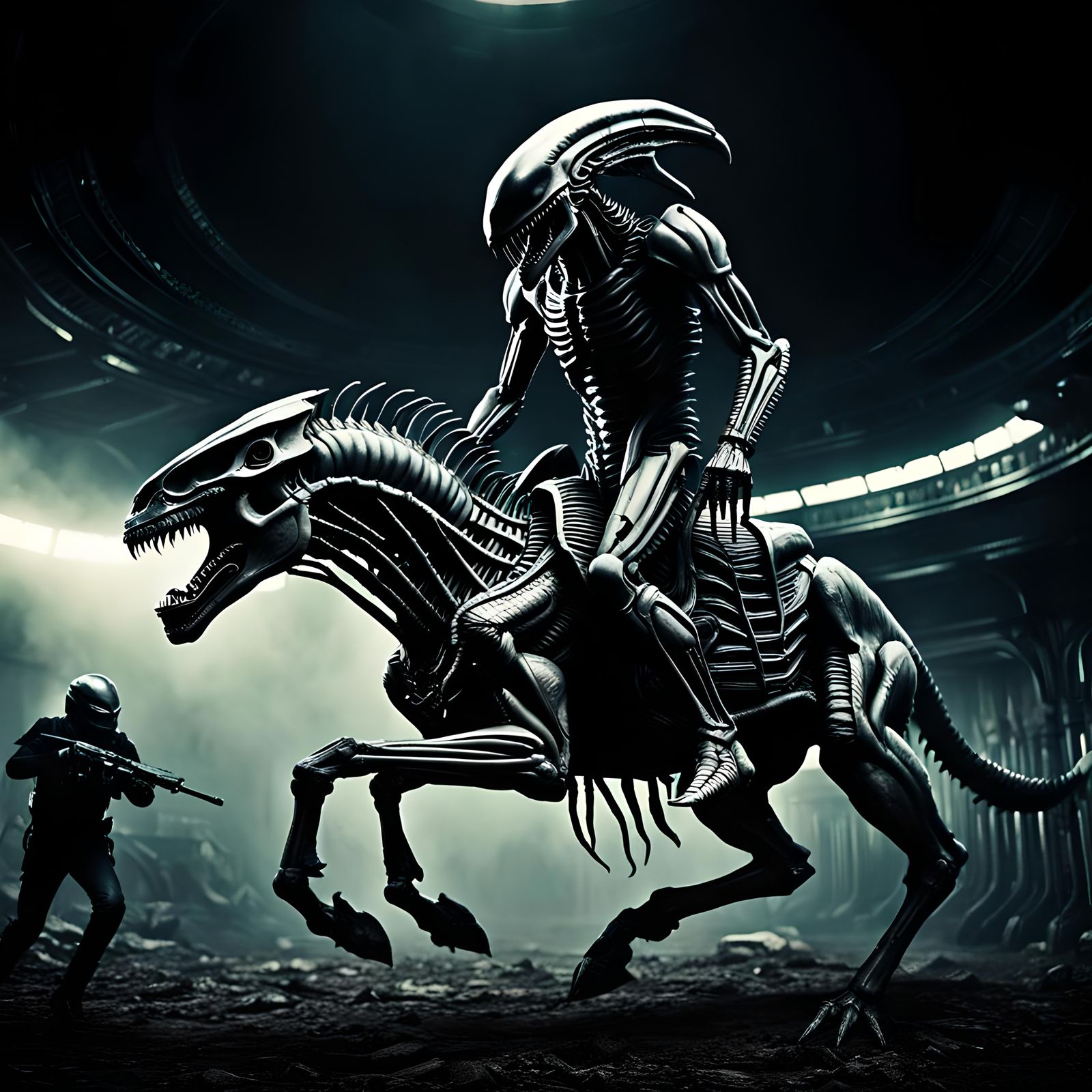 Xenomorph humanoid riding a Xenomorph horse, HR Giger, scifi horror ...