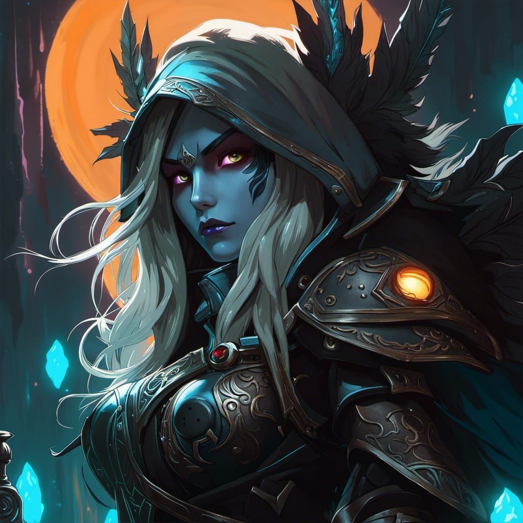 intricate cute sylvanas windrunner's on bioluminescent black glow ...