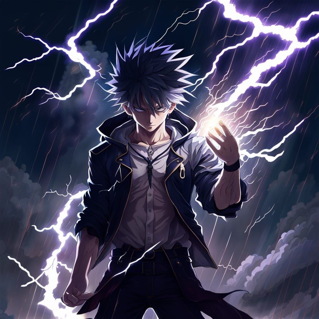 Anime art, man shaping lightning with bare hands, dark clouds above ...