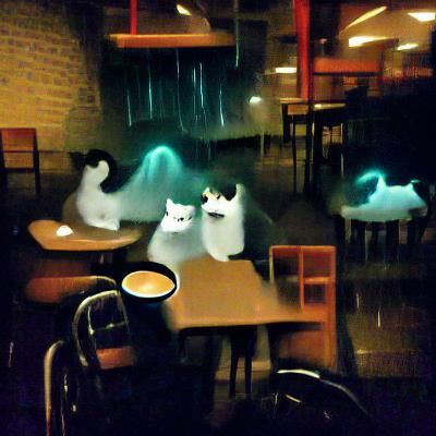 Ghost cats in a dark café with ectoplasm Cats on a calm and rainy night ...