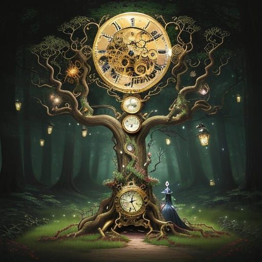This image captures a sentient Victorian-era clockwork tree with ...