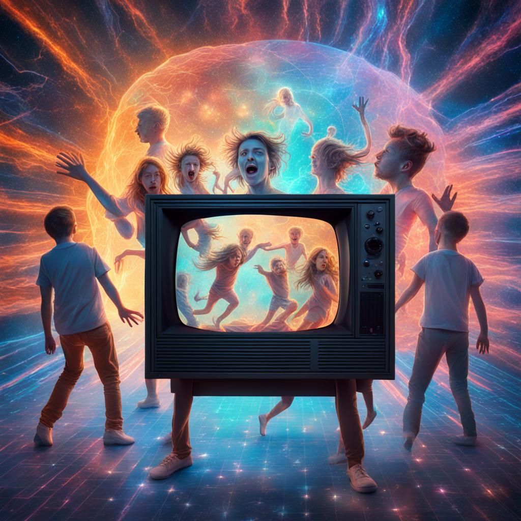 characters coming out of tv screen, attacking a family - AI Generated ...