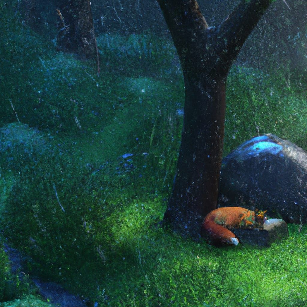 A fox sleeping under a tree in the rain - AI Generated Artwork ...