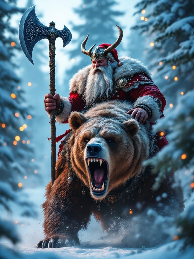 Battle Santa - Warrior Santa Rides Fierce Bear in Winter Won...